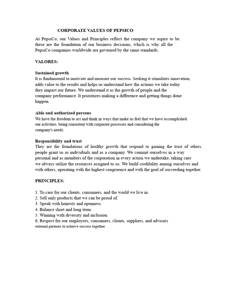 PepsiCo Corporate Values and Principles | PDF