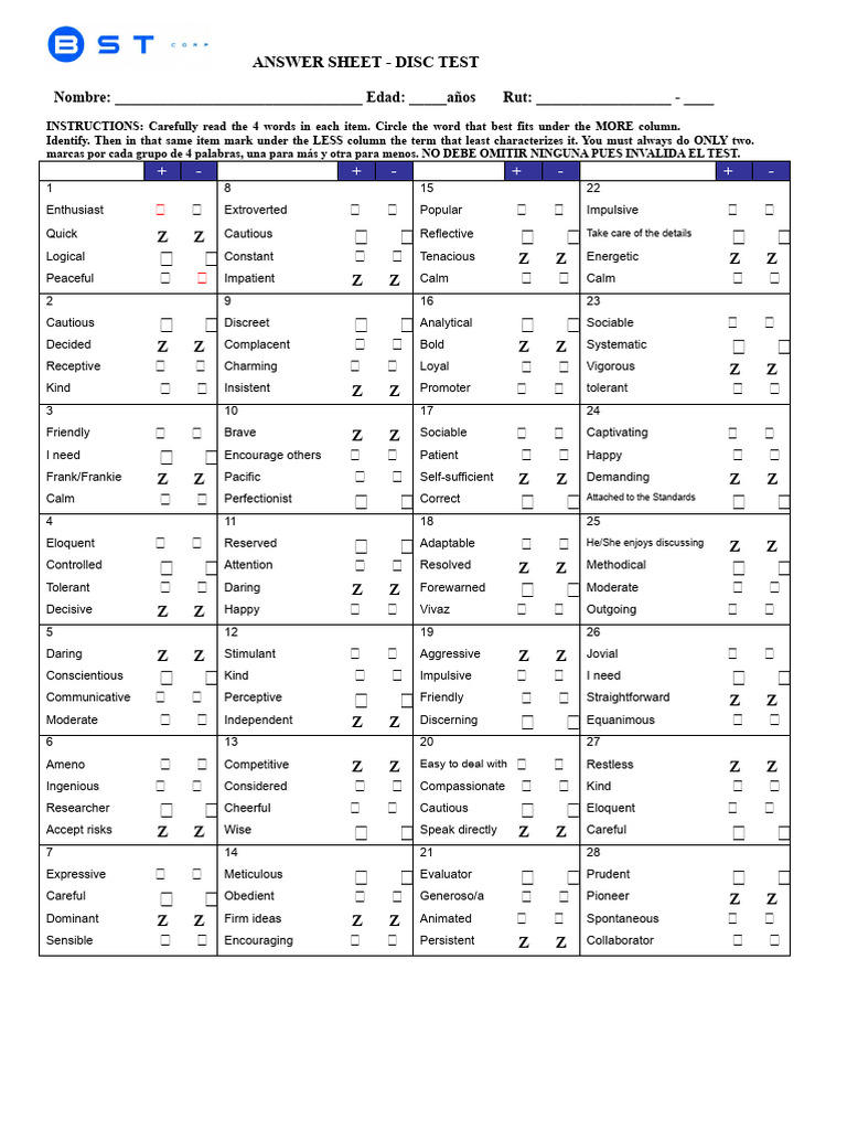 Answer Sheet For DISC Test | PDF | Psychology | Psychological Concepts