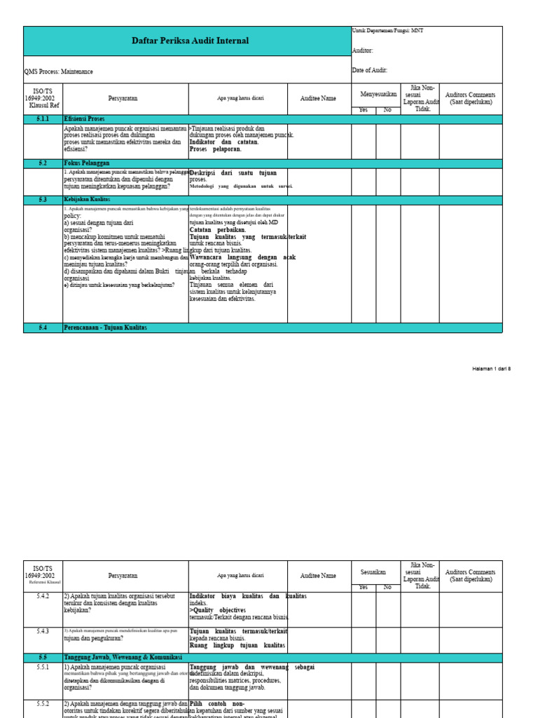 Daftar Periksa Audit Internal QMS MNT | PDF