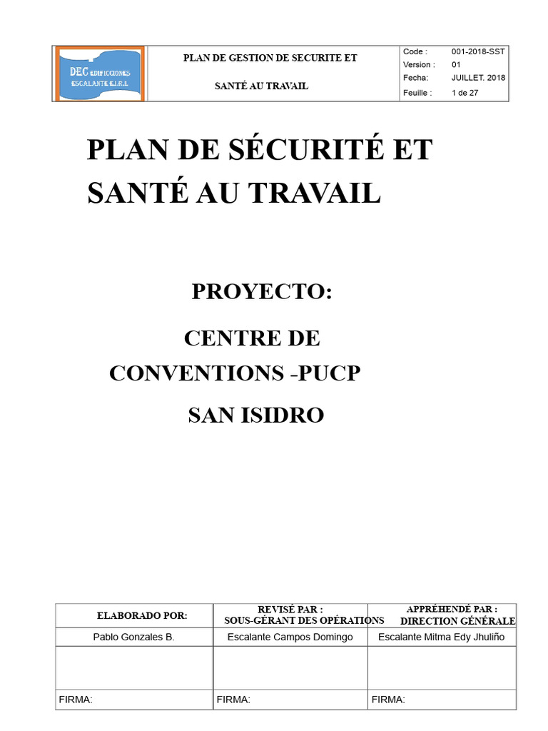 Plan de Sécurité et Santé au Travail 2018 | PDF | Sécurité | Gestion ...
