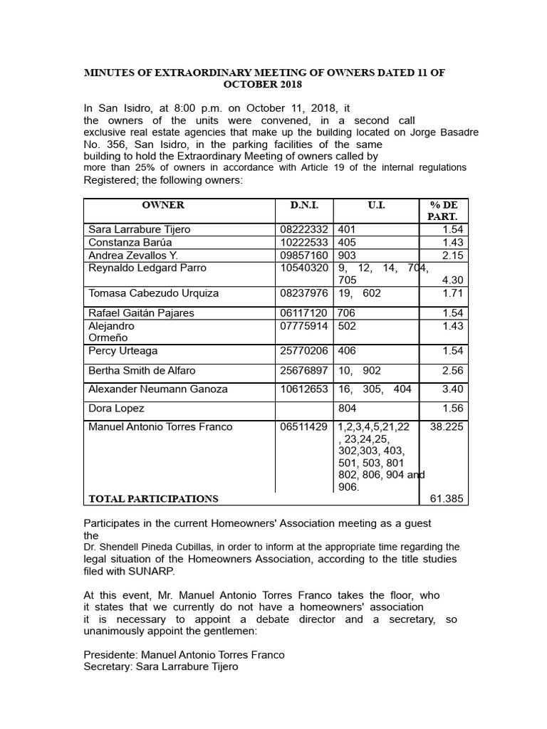 Minutes of The Owners' Meeting | PDF | Lawsuit | Interest