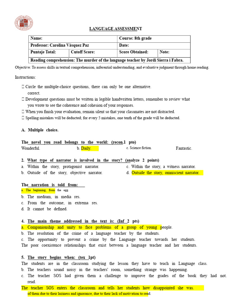 The Murder of The Language Teacher | PDF | Multiple Choice | Human ...