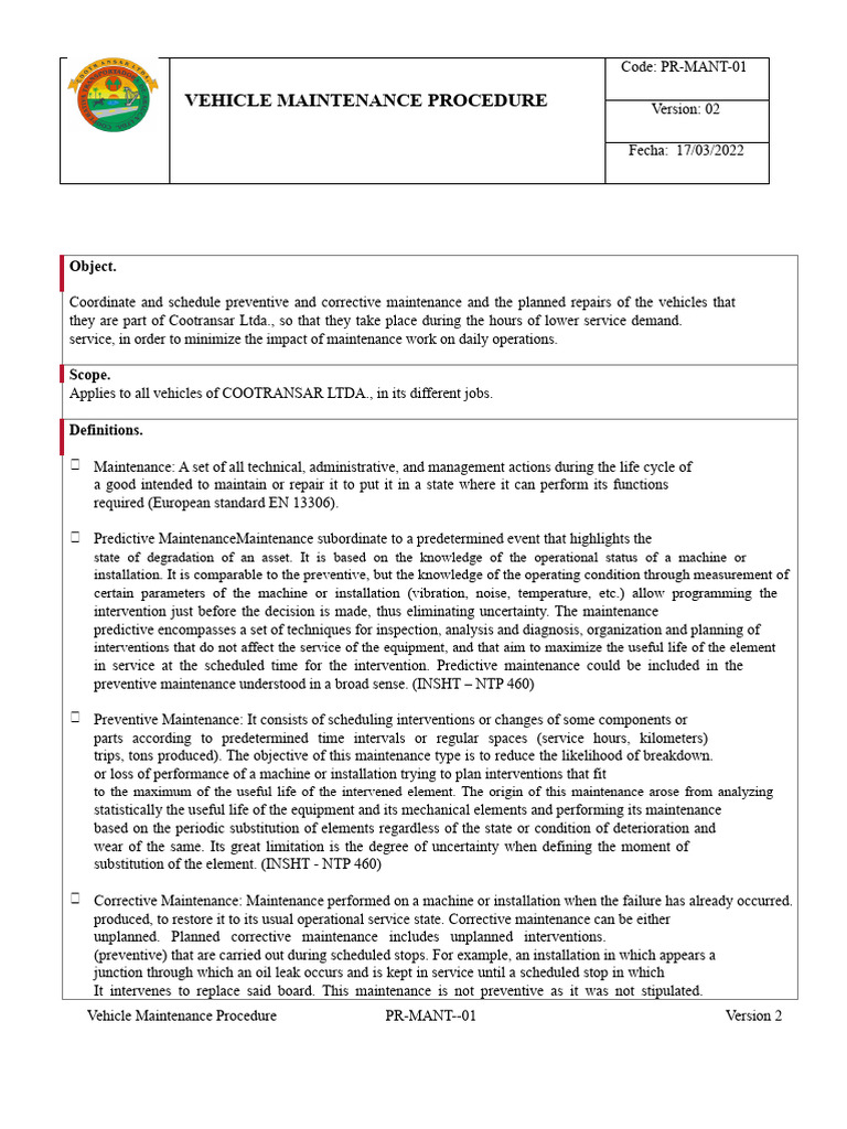 Vehicle Maintenance Procedure Guide | PDF