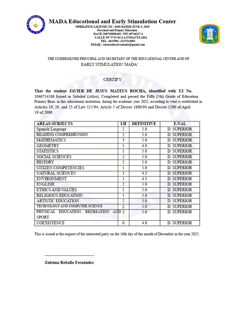 Certificate of Grades | PDF | Cognition | Learning