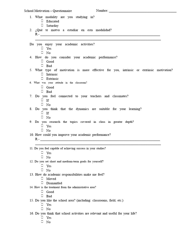 School Motivation - Questionnaire | PDF