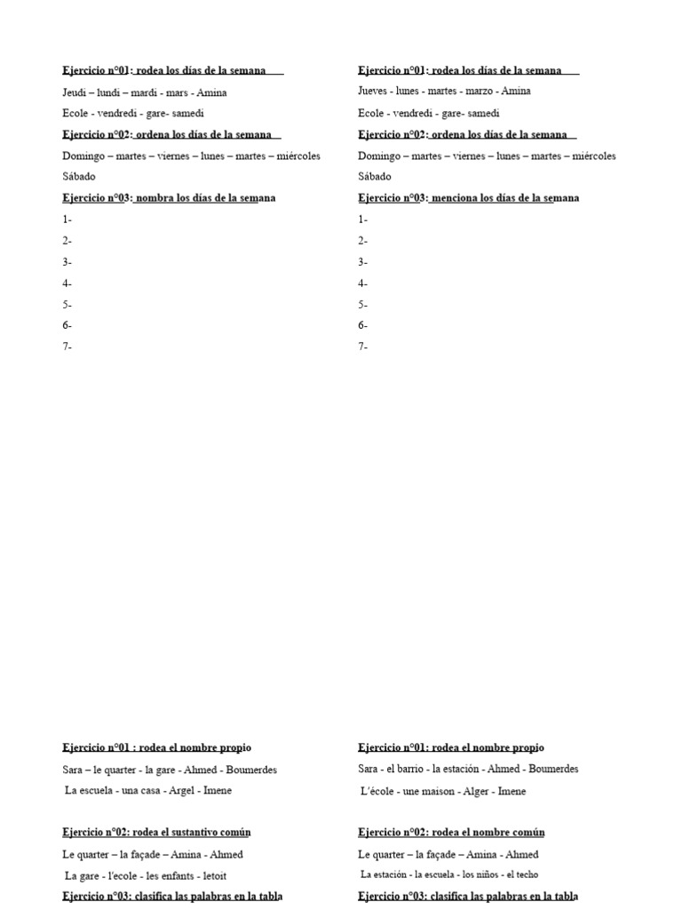 Ejercicio Nombre Común Días de La Semana | PDF