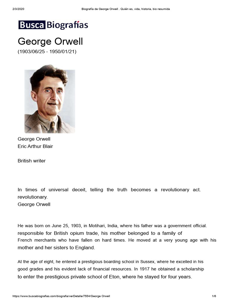 Biography of George Orwell. Who He Is, Life, History, Brief Bio. | PDF ...
