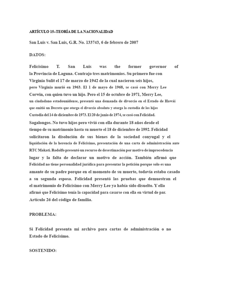 San Luis Contra San Luis GR 133743 | PDF | Divorcio | Propiedad