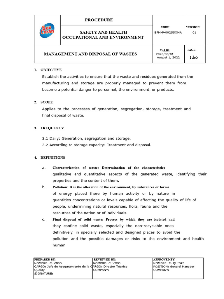 Waste Management and Disposal Procedure | PDF | Waste | Waste Management