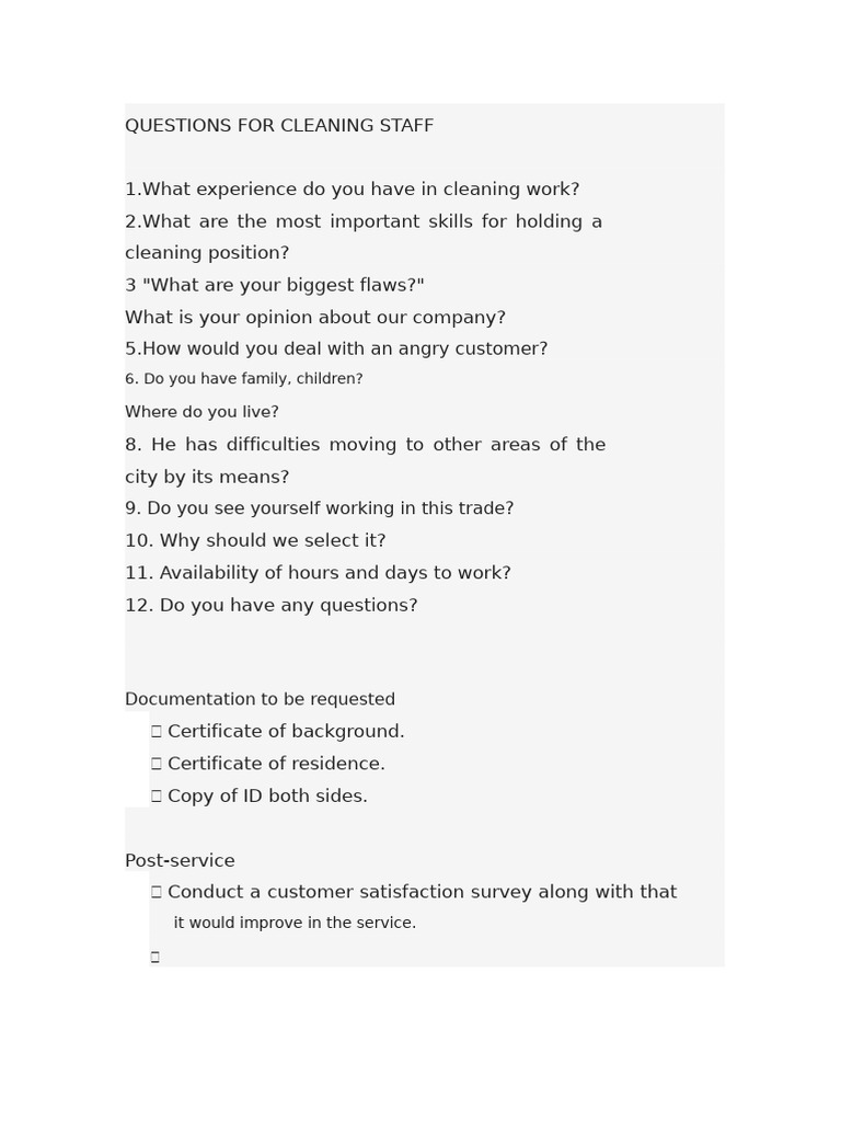 Questions For Cleaning Staff | PDF