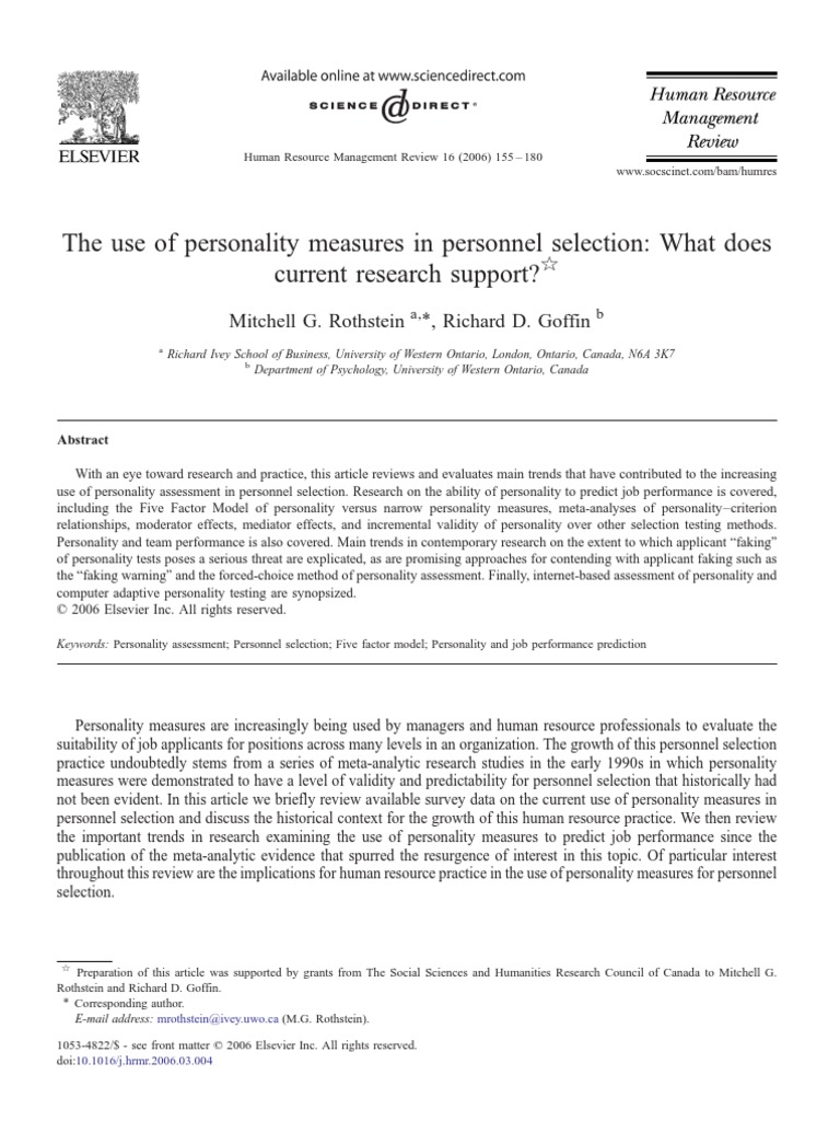 The Use of Personality Measures in Personnel Selection: What Does Current Research Support ...