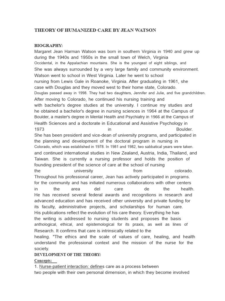 Jean Watson's Humanized Care Theory | PDF | Well Being | Nursing