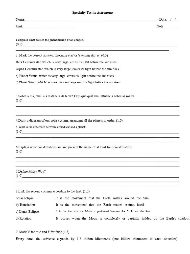 Astronomy Specialty Test Questions | PDF | Solar System | Planets