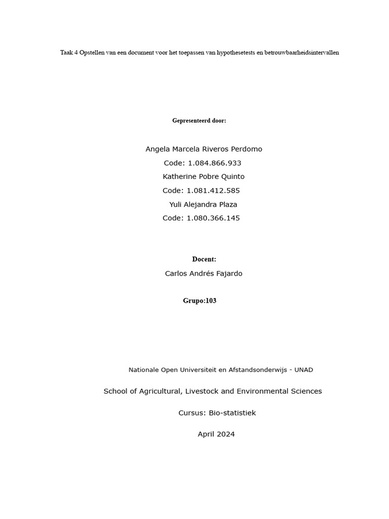 Taak 4 Opstellen Van Een Document Voor Het Toepassen Van Hypothesetests ...