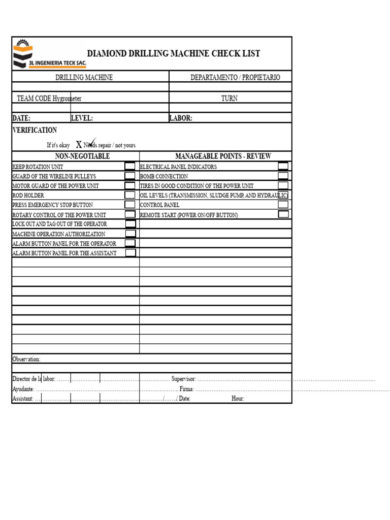 Diamond Drilling Machine Checklist | PDF