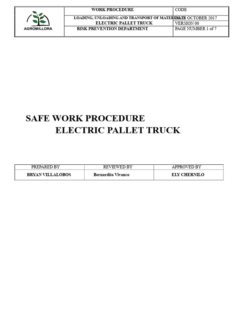 Electric Pallet Truck Safety Procedures | PDF | Pallet | Safety
