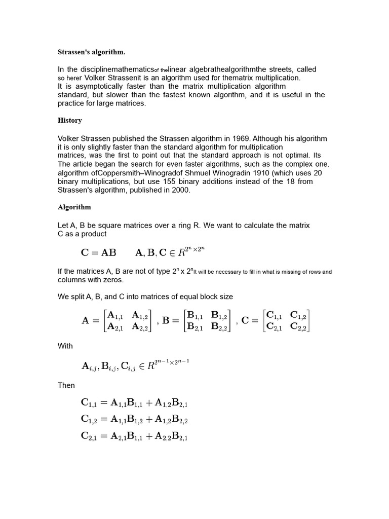 Strassen's Algorithm | PDF | Matrix (Mathematics) | Multiplication
