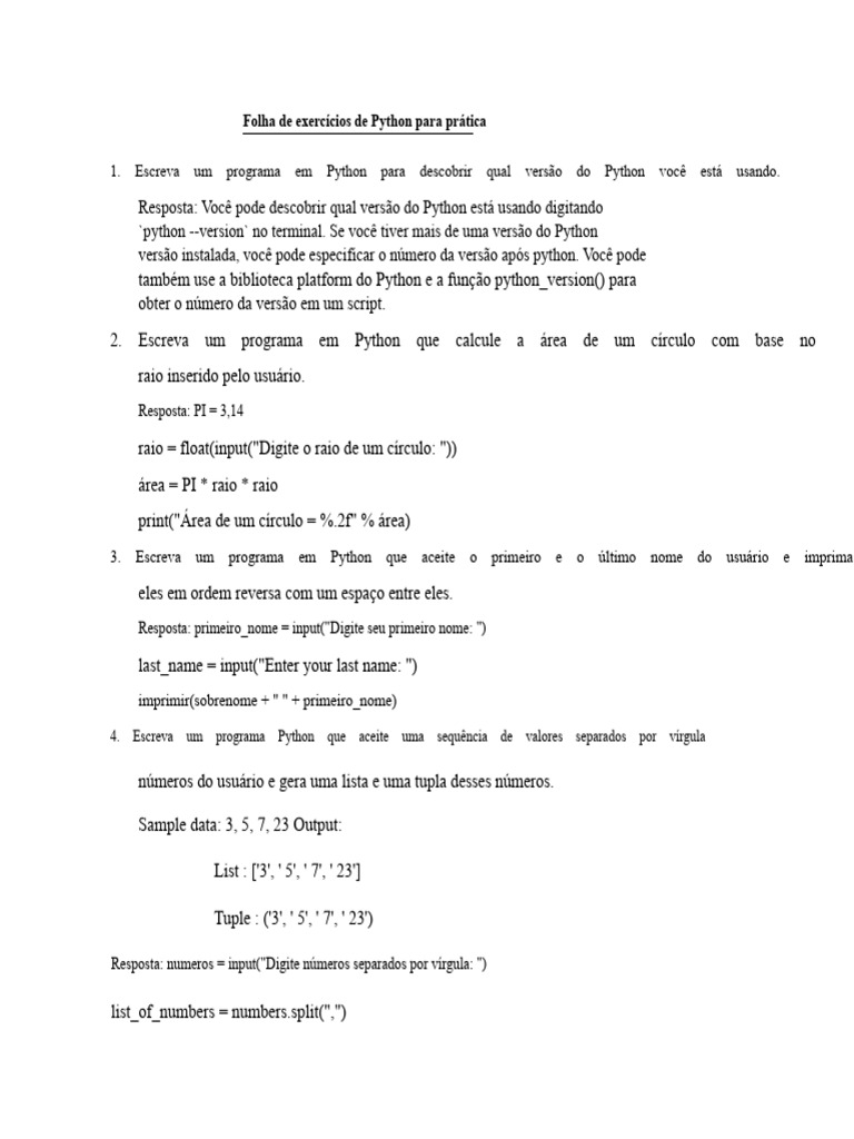 Folha de Exercícios de Python para Prática | PDF | Python (linguagem de ...