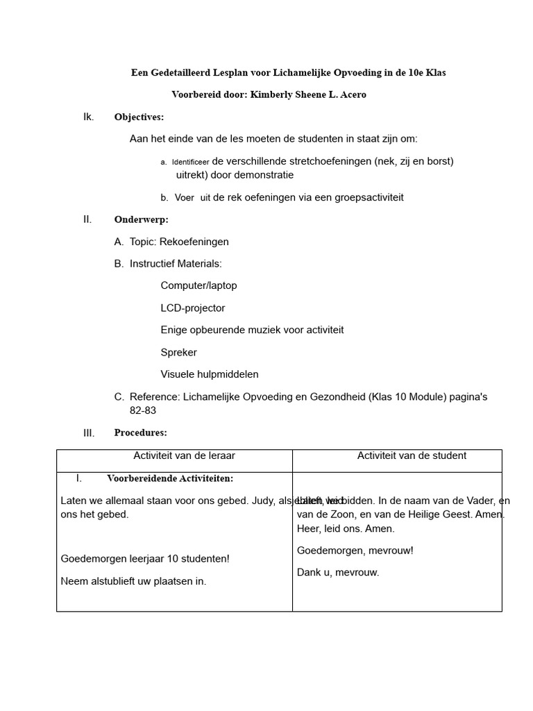 Een Gedetailleerd Lesplan Voor Fysieke Educatie in Leerjaar 10 | PDF