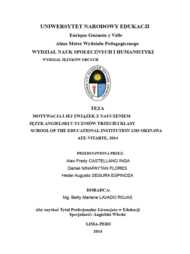 teza MOTYWACJA I JEJ ZWIĄZEK Z NAUCZENIEM JĘZYKA ANGIELSKIEGO U UCZNIÓW ...