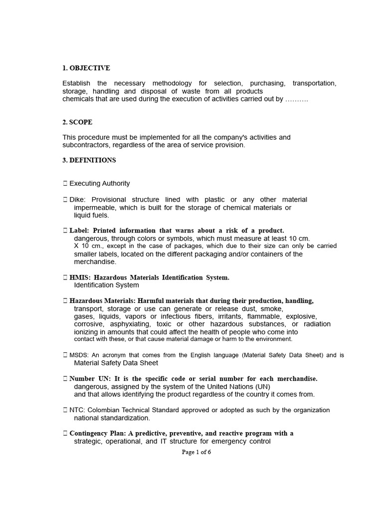 Procedure For The Management of Chemical Products | PDF | Dangerous ...