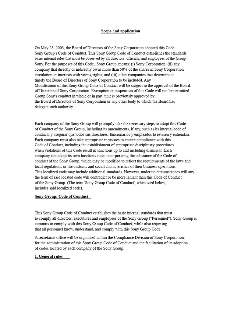 Sony Code of Ethics | PDF | Trade Secret | Intellectual Property