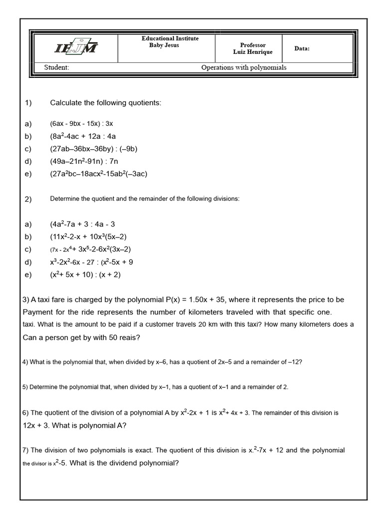 Polynomial Operations and Divisions Guide | PDF