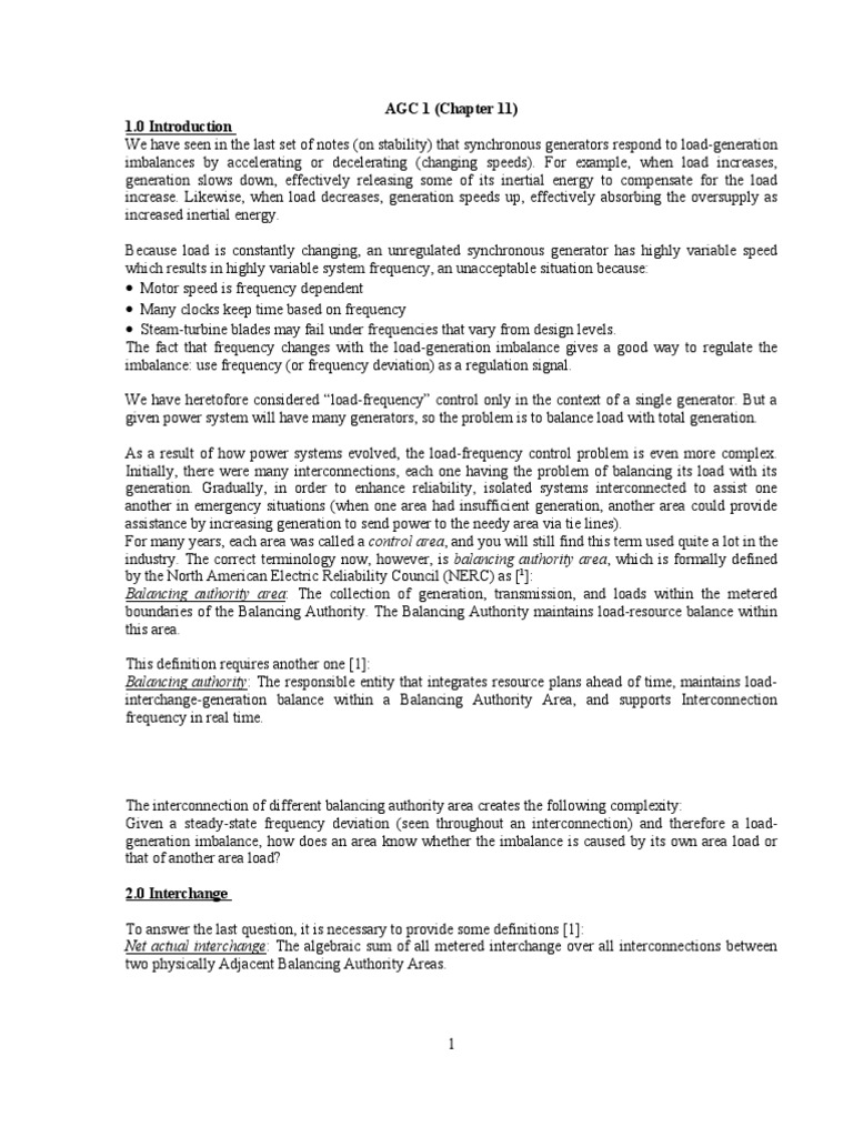 AGC 1 (Chapter 11) | PDF | Electric Power System | Electric Generator