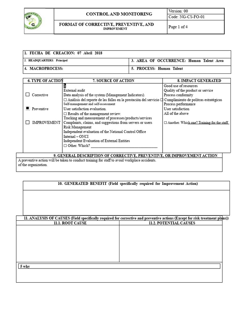 Corrective and Preventive Action Plan | PDF | Occupational Safety And ...