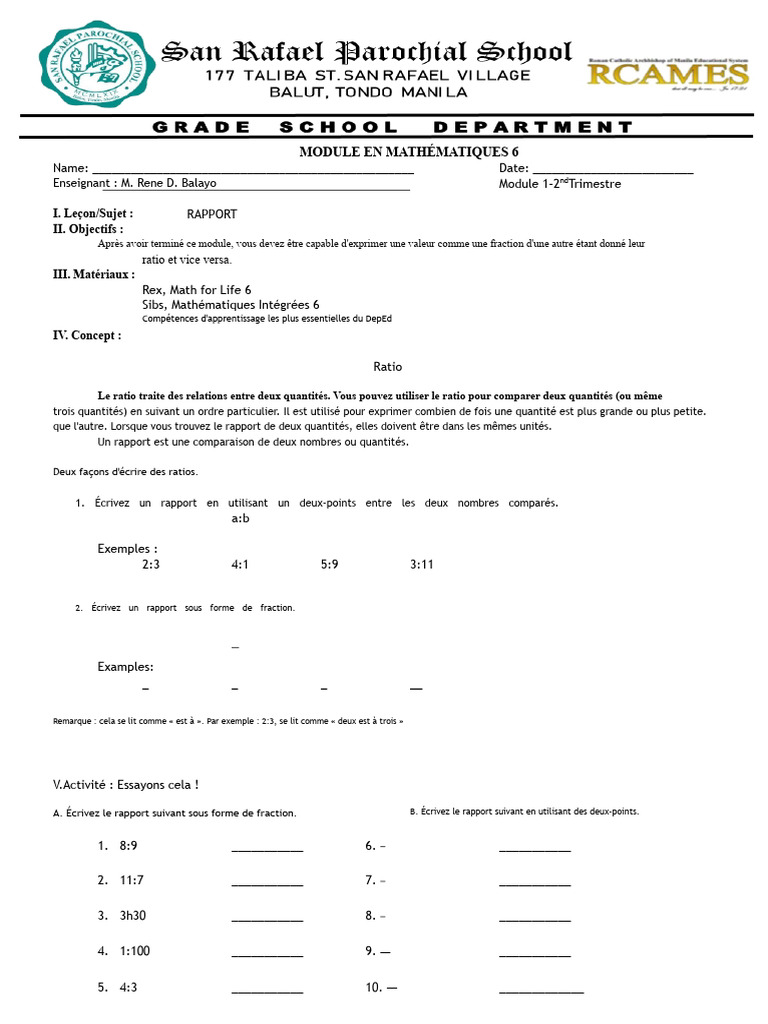 Module 1 Mathématiques 6e Année 2e Trimestre | PDF