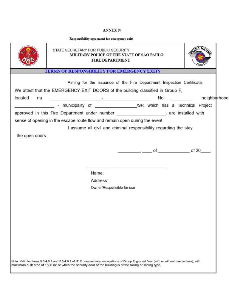 IT-01 ANNEX N - Term of Responsibility For Emergency Exits | PDF