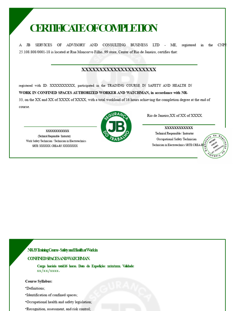 Model Certificate of The Curso de NR 33 Authorized Worker and Inspector ...
