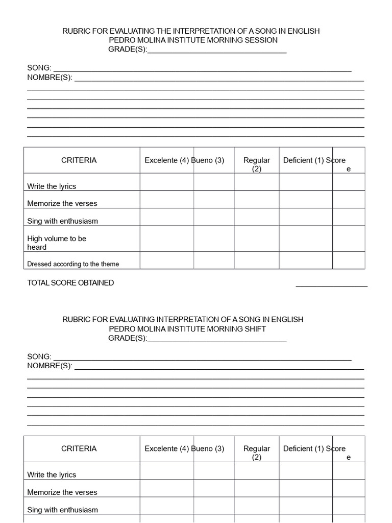 Rubric For Evaluating Interpretation of A Song in English | PDF