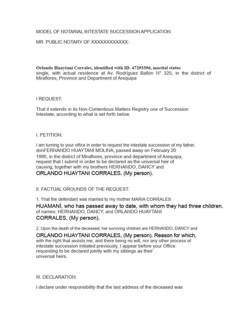 Model of Request For Intestate Succession Notarial | PDF | Inheritance ...