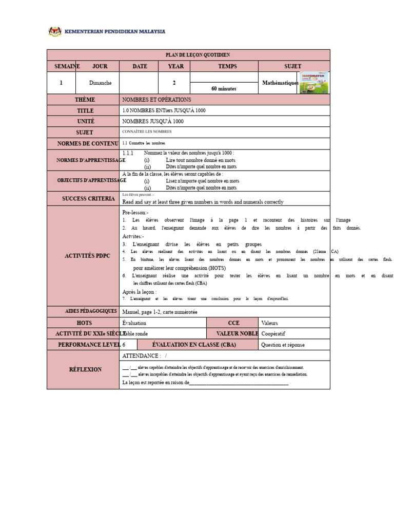 RPH MT THN 2 Tajuk 1 (M1-M6) - FR | PDF | Apprentissage | Cognition
