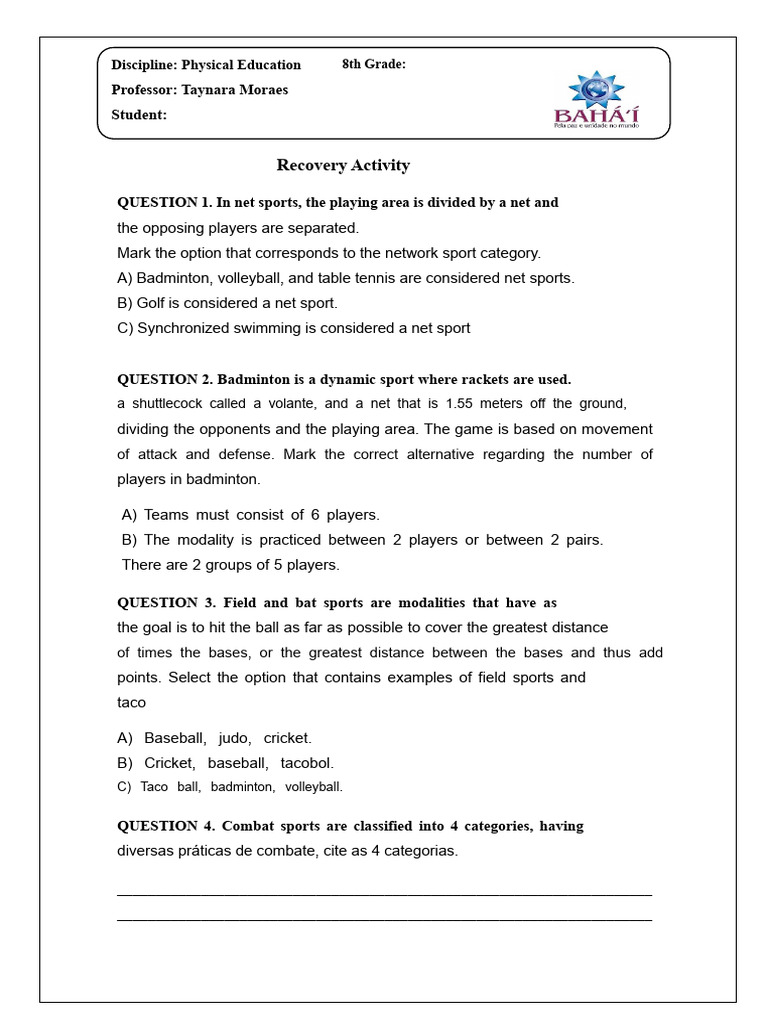 Physical Education Recovery Activity - 8th Grade | PDF