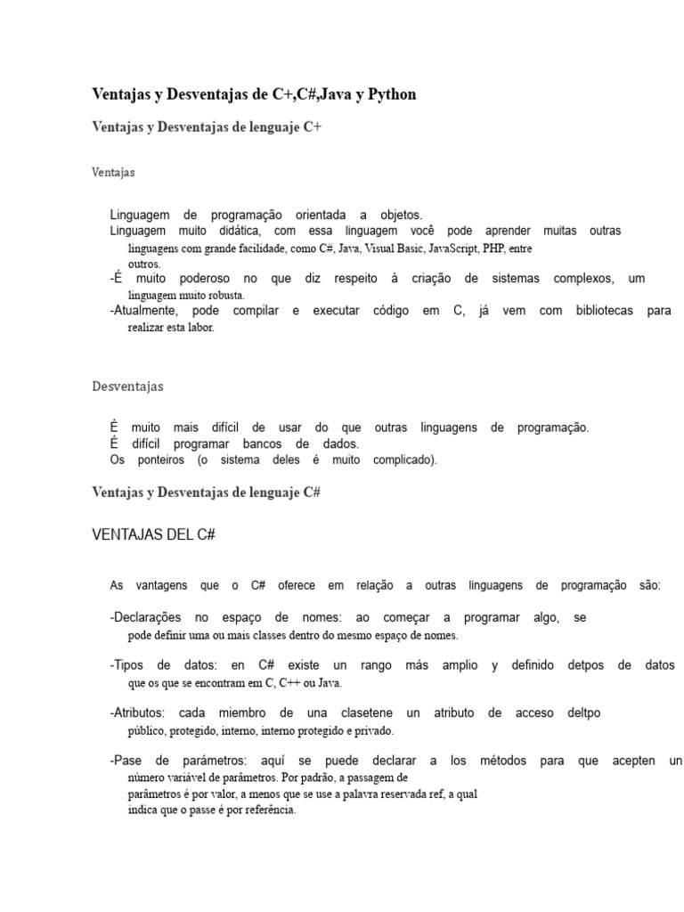 Vantagens e Desvantagens de C+, C#, Java e Python | PDF | Linguagem de ...
