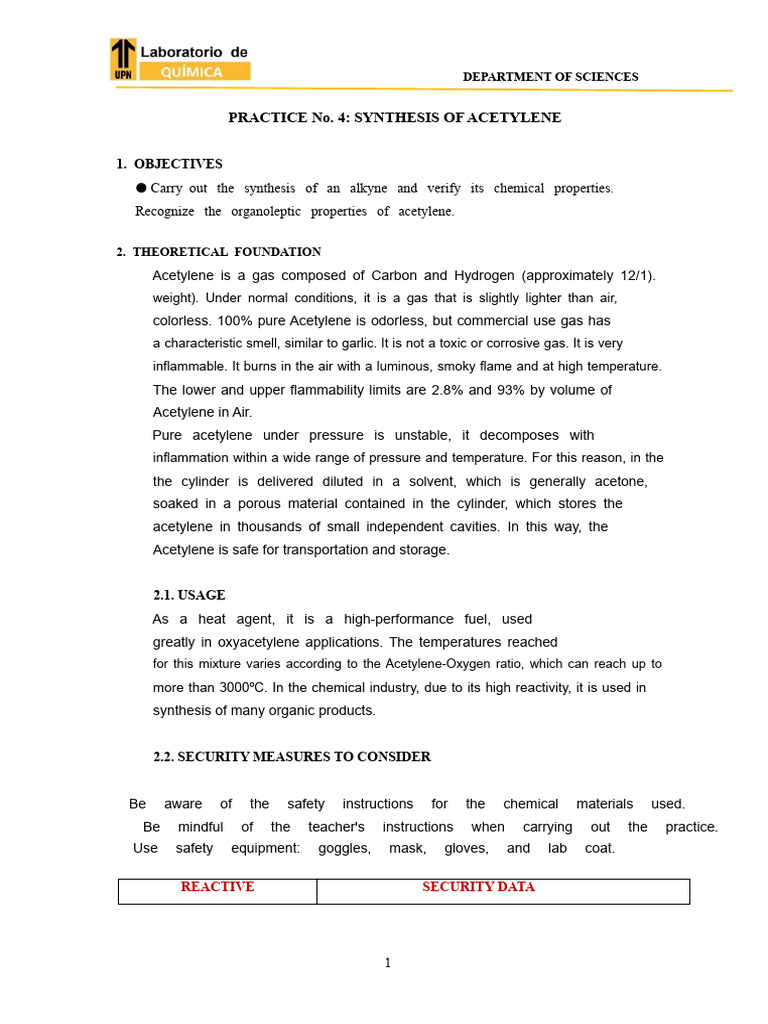 Practice #4 - Synthesis of Acetylene | PDF | Chemistry | Chemical ...