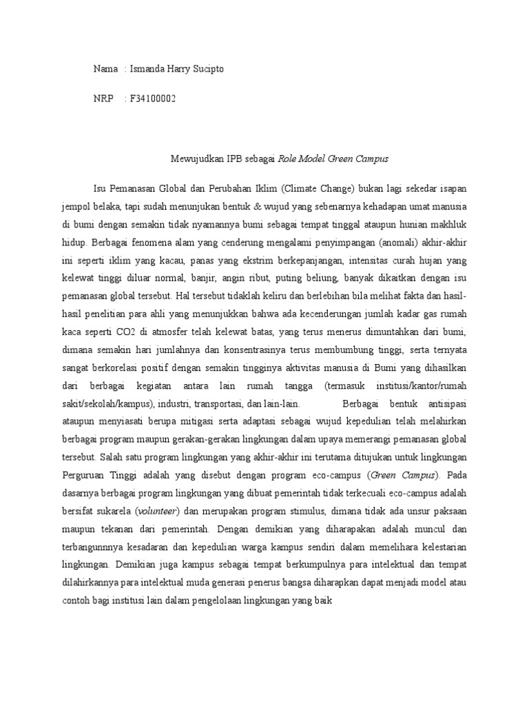 Essay Green Campus Beasiswa Cendekia IPB Angkatan 2 | PDF