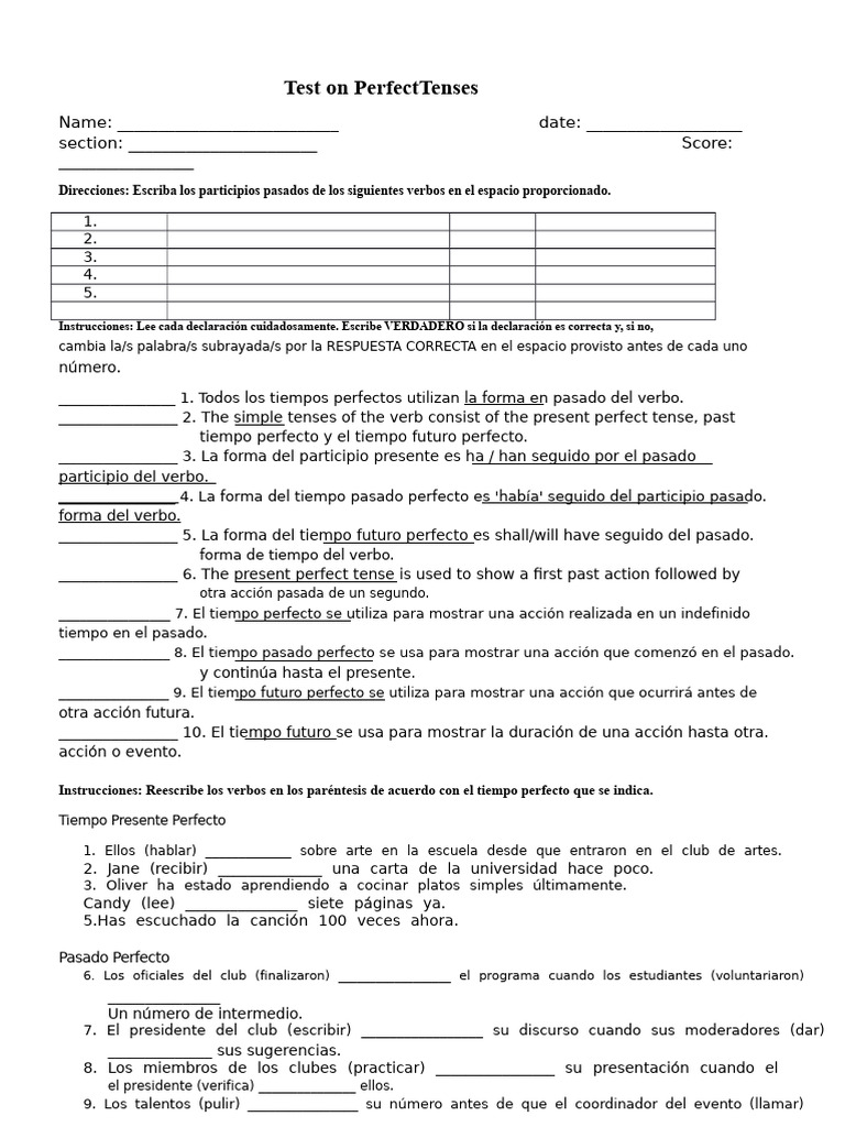 Examen sobre Tiempos Perfectos en Inglés | PDF