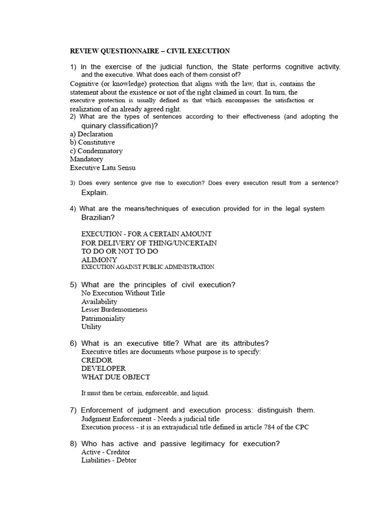 Execution Questionnaire - Questions/Answers | PDF | Judgment (Law ...