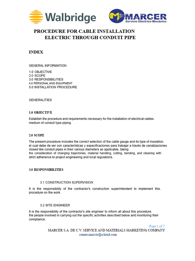 Cable Installation Procedure Guide | PDF | Electrical Conductor ...