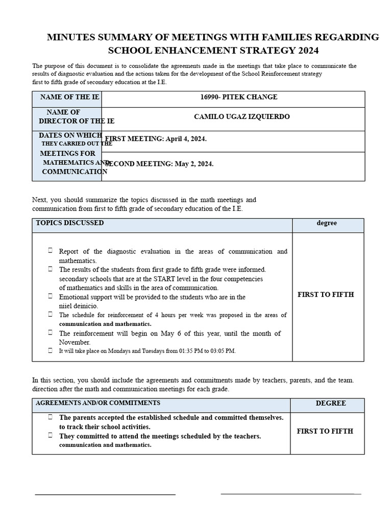 Format For Minutes of Informative Meetings With Families About RE | PDF