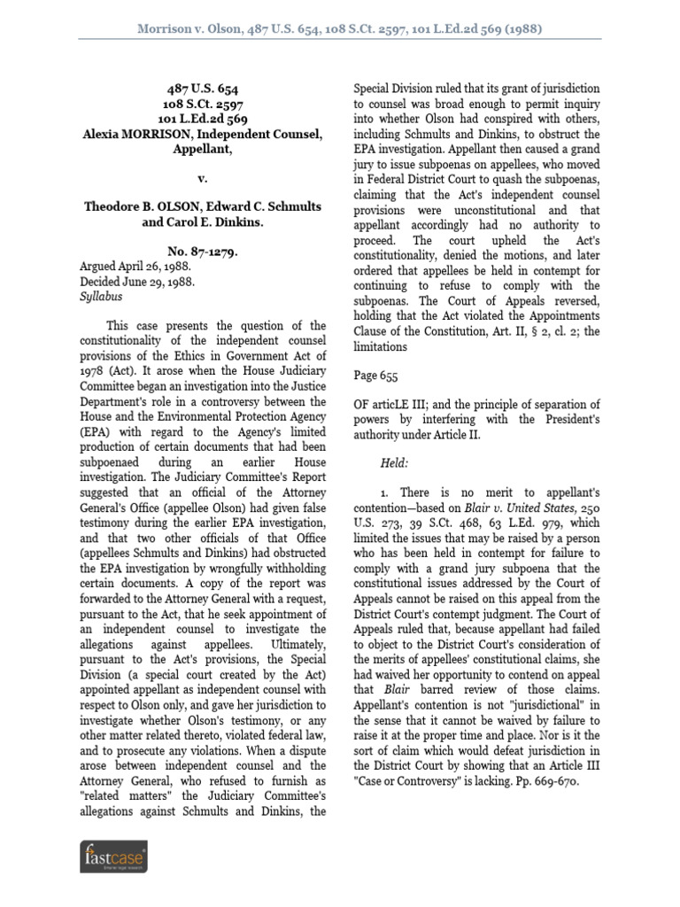 04 - Morrison V Olson | PDF | Article Three Of The United States ...