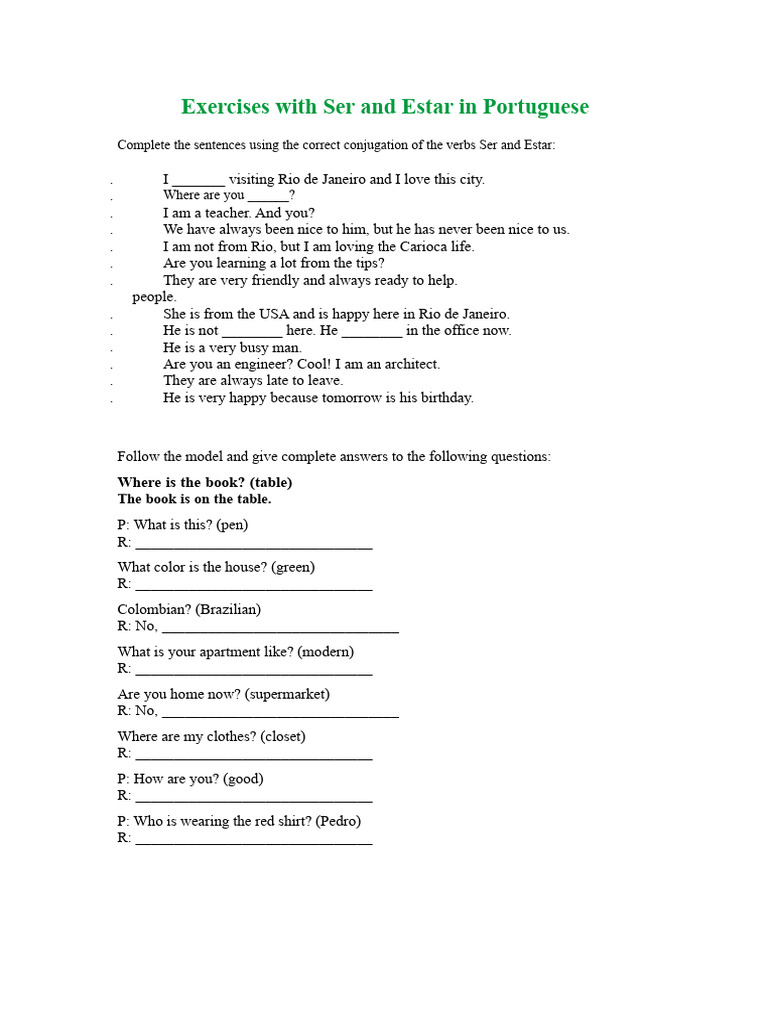 Exercises With Ser and Estar in Portuguese | PDF