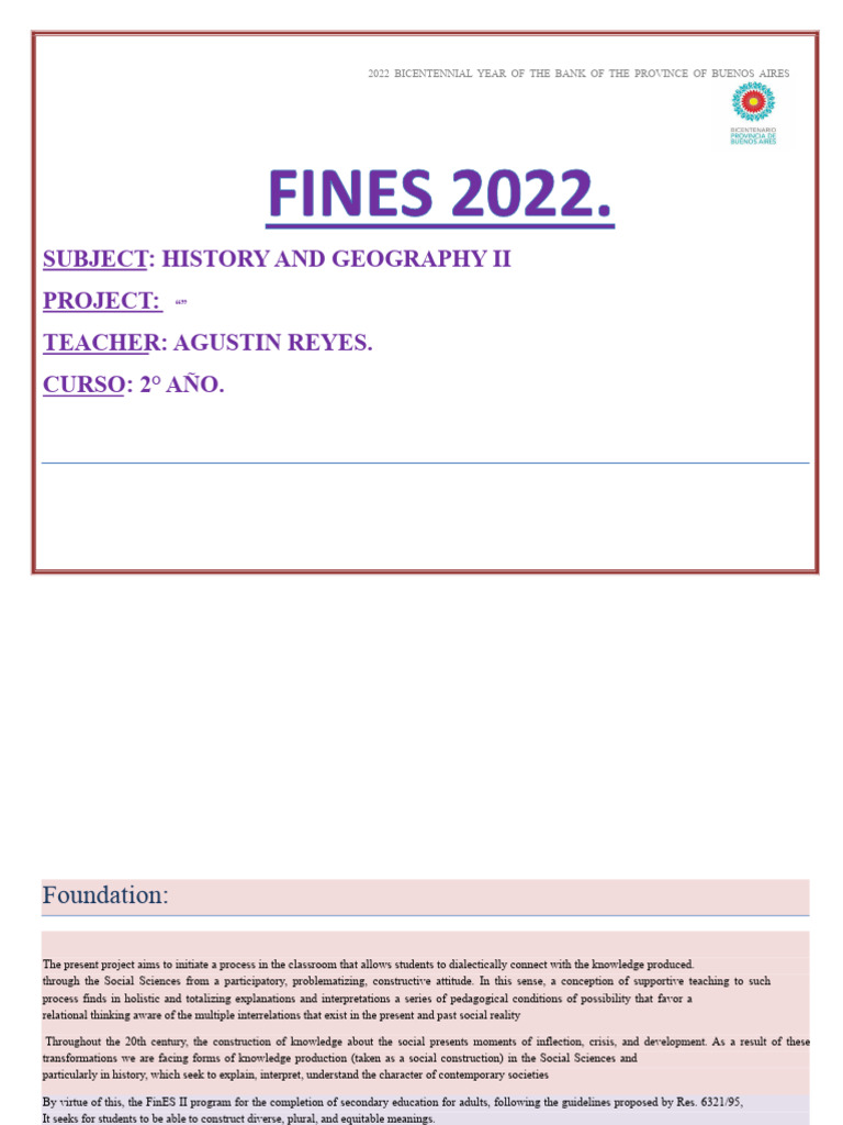 Project Purposes HISTORY AND GEOGRAPHY SECOND YEAR. FINES 2022 | PDF ...