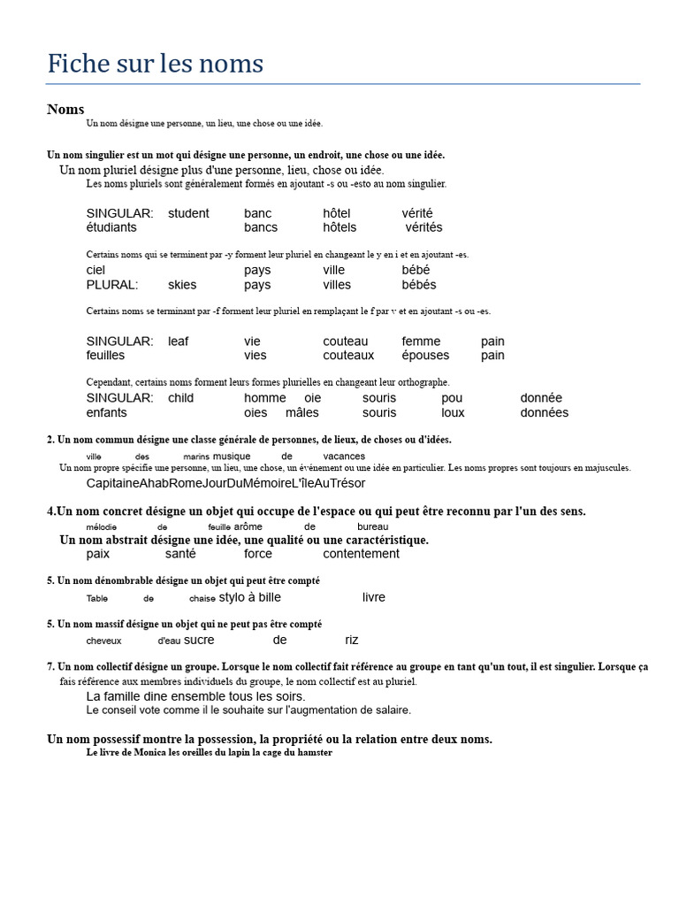 Types de Noms : Singularité et Pluralité | PDF | Nombre grammatical ...