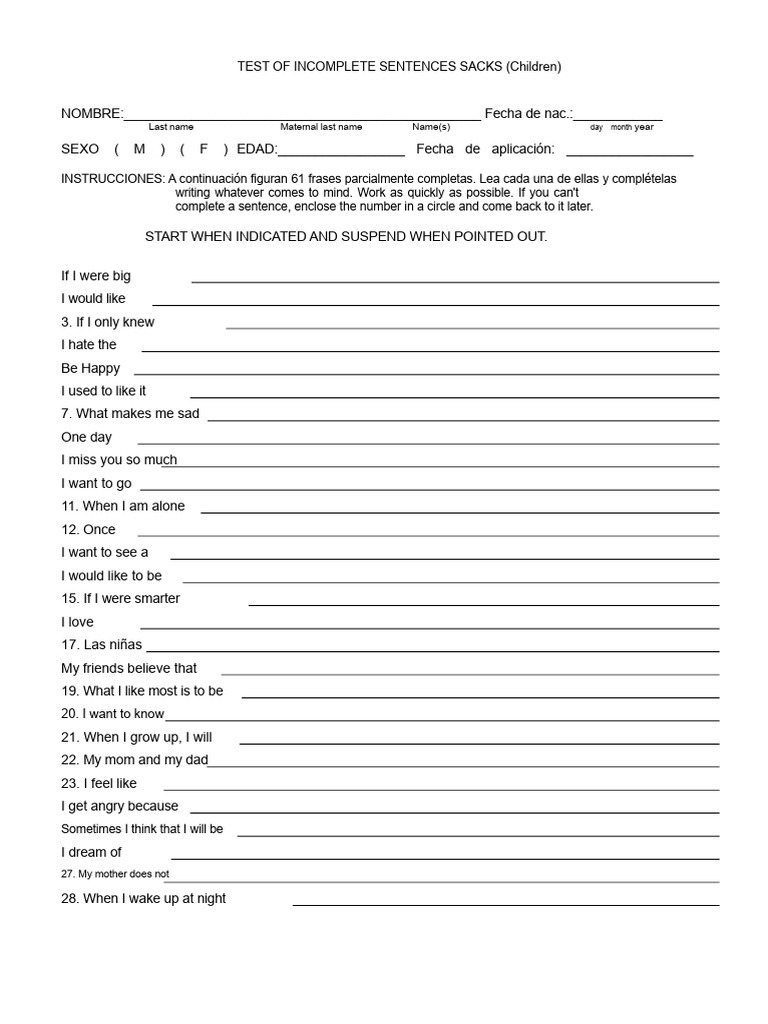 SACKS Test for Children's Emotions | PDF | Human Development ...