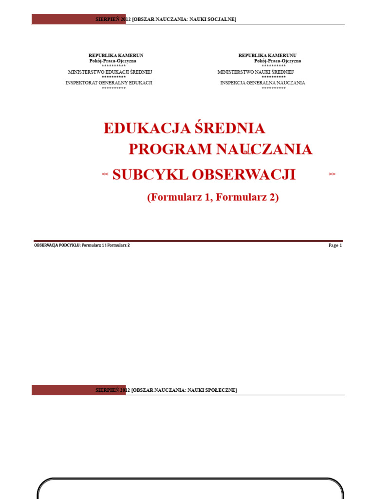 Edukacja Średnia Program Nauczania Subcykl Obserwacji: (Formularz 1 ...