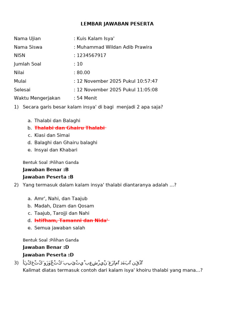 Lembar Jawaban Kuis Kalam Isya' | PDF